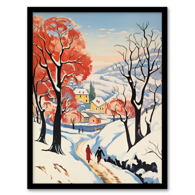 Sunny winter day village countryside road black framed wall art print ...