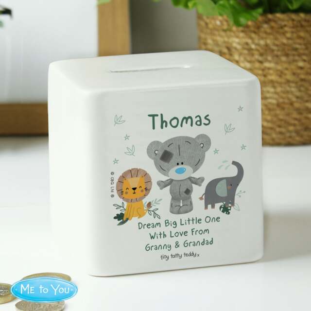 Personalised tiny tatty teddy jungle animals money box by Tesco ...