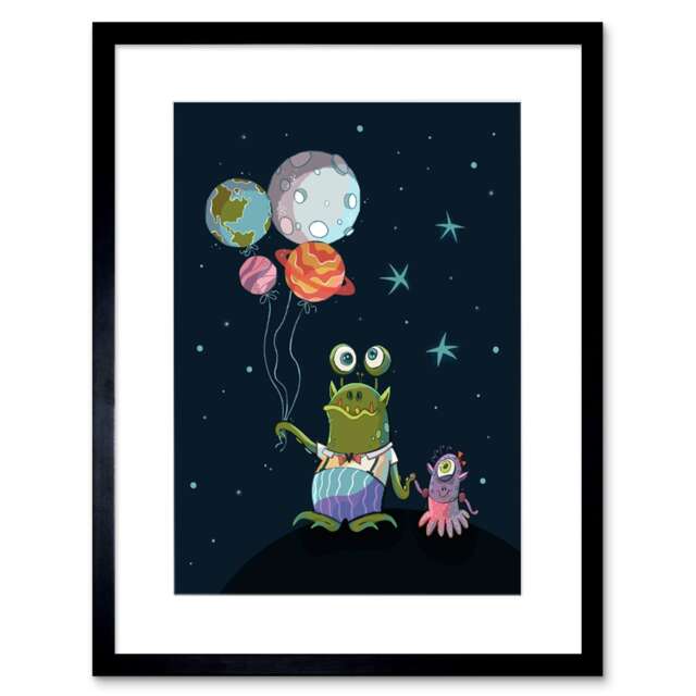 "Space Aliens Planet Balloons Cartoon Kids Bedroom 9x7"" Black Framed ...
