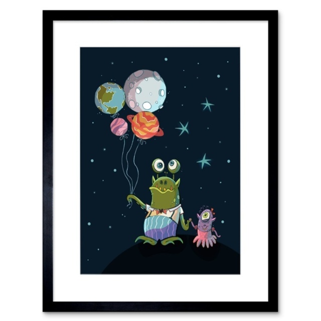 "Space Aliens Planet Balloons Cartoon Kids Bedroom 9X7"" Black Framed ...