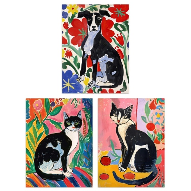 Set Of 3 Cat Dog Lover Matisse Style Paintings Living Room A4 Size Wall ...
