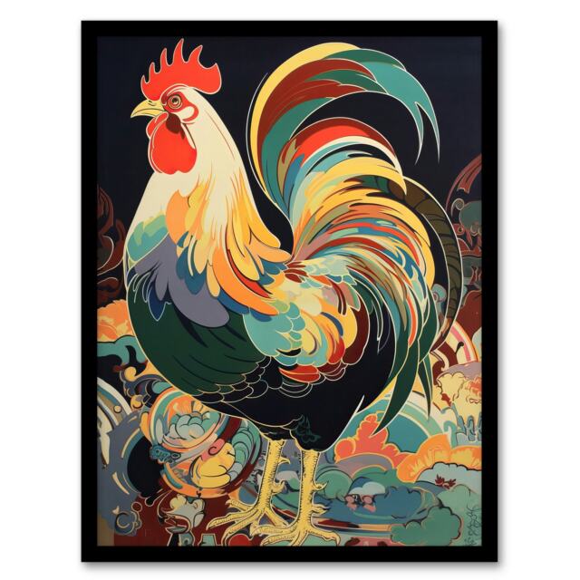 Cockerel Rooster Modern Flamboyant Colourful Black Framed Wall Art ...
