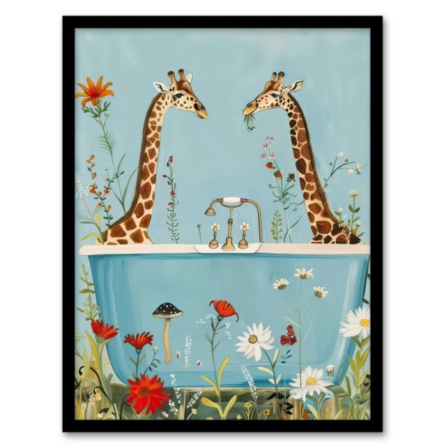 Giraffe Bath Time Surreal Floral Nature Bathroom Black Framed Wall Art ...