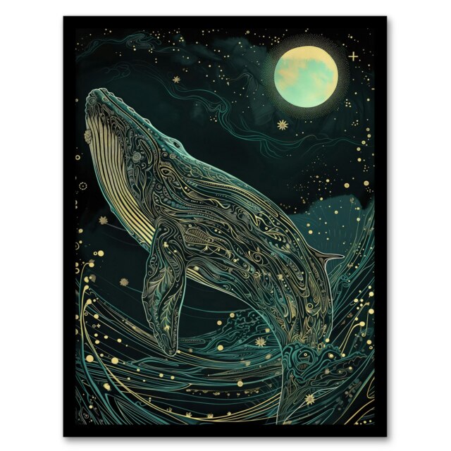 Luminous Stylised Wave Jump Full Moon Living Room Black Framed Wall Art ...
