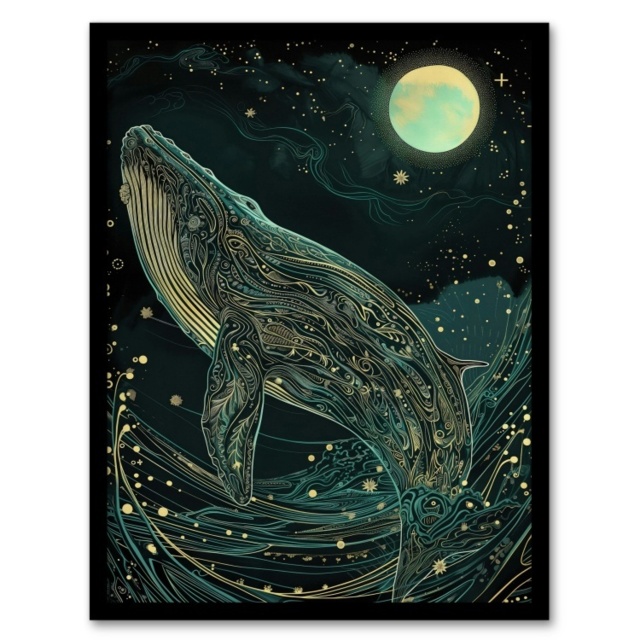 Luminous Stylised Wave Jump Full Moon Living Room Black Framed Wall Art ...