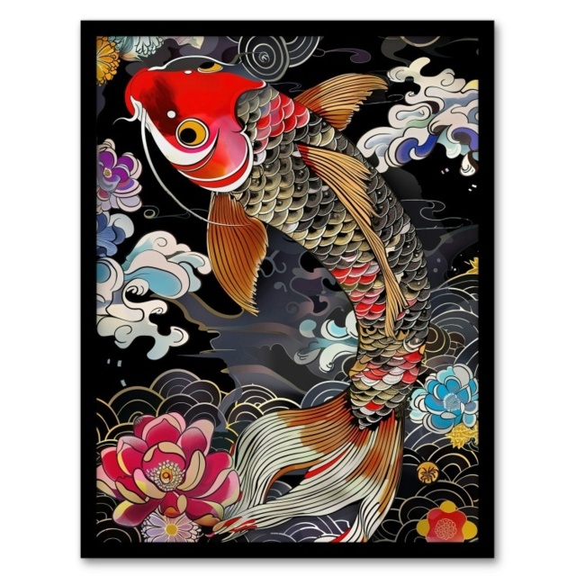Colourful Koi Carp Tattoo Lotus Flowers Black Framed Wall Art Print A4 ...