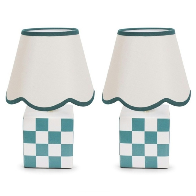 Valuelights Evie Pair Of Ceramic Cube Checkered Table Lamp With Sage ...