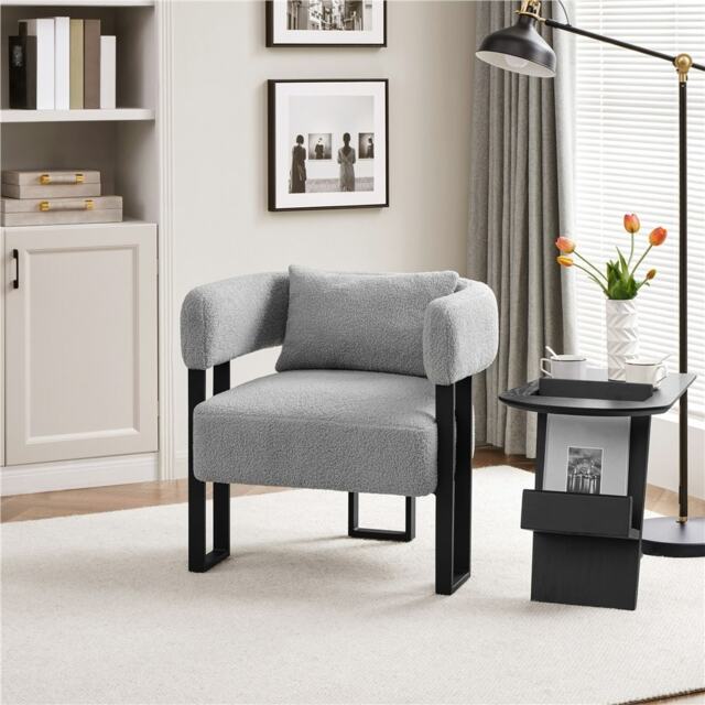 Yaheetech Boucle Barrel Accent Chair with Metal Legs Lumbar Pillow Grey ...