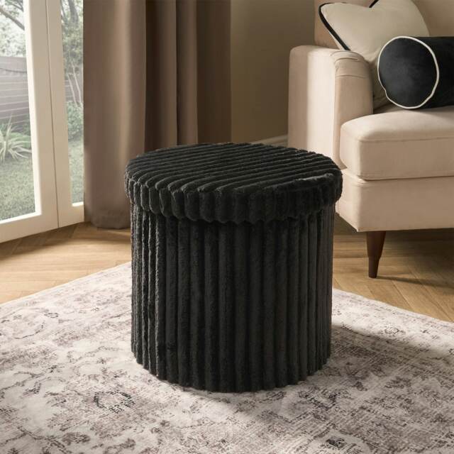 Ohs soft fleece ribbed round foldable footstool seat storage organiser ...