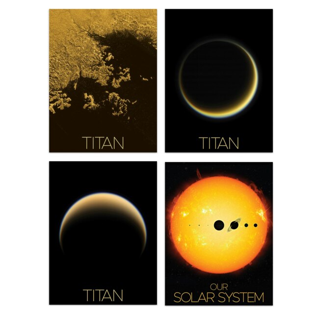 Set of 4 NASA Our Solar System Sun Saturn Crescent Moon Titan Ligeia ...