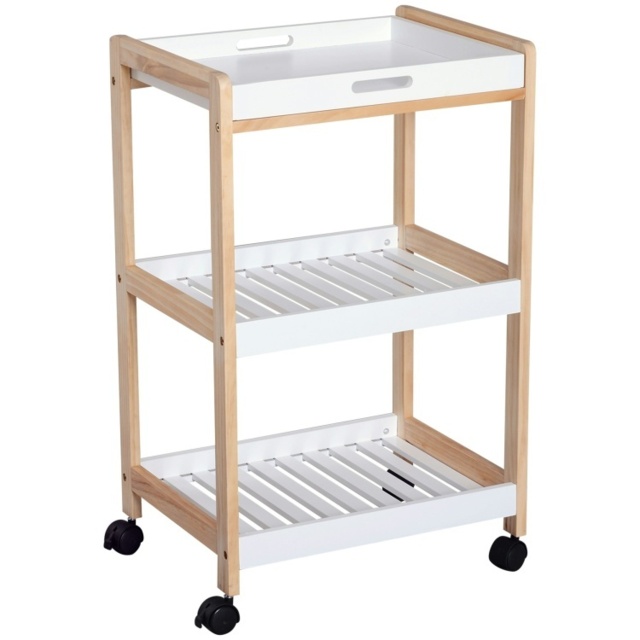 Homcom Mobile Serving Trolley, Pine Wood, Rolling Wheels, White by ...
