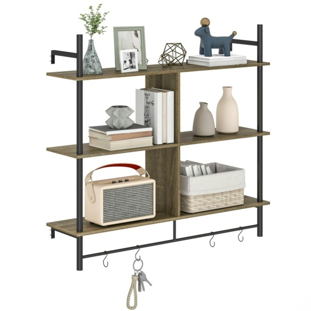 Homcom Wall Shelf Unit With 4 Hooks For Living Room Grey Wood Effect by ...