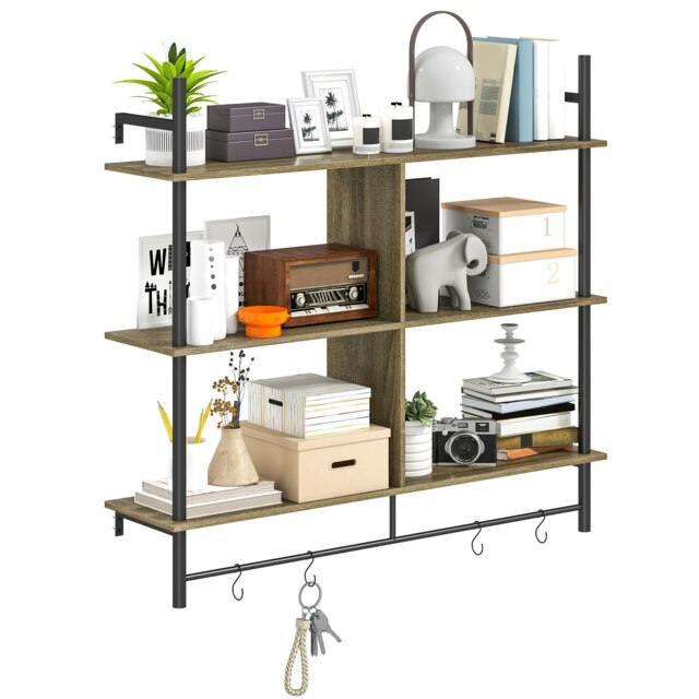 HOMCOM Wall Shelf Unit with 4 Hooks for Living Room Grey Wood Effect by ...