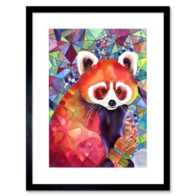 "Red Panda Polygon Pattern Folk Art 9X7"" Black Framed Wall Art Print ...