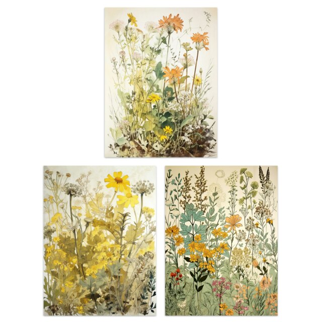Set of 3 Wildflowers Vintage Pastel Floral Artwork Spring Flower Meadow ...