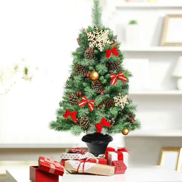 Costway 4ft snow flocked artificial christmas tree red berries green ...