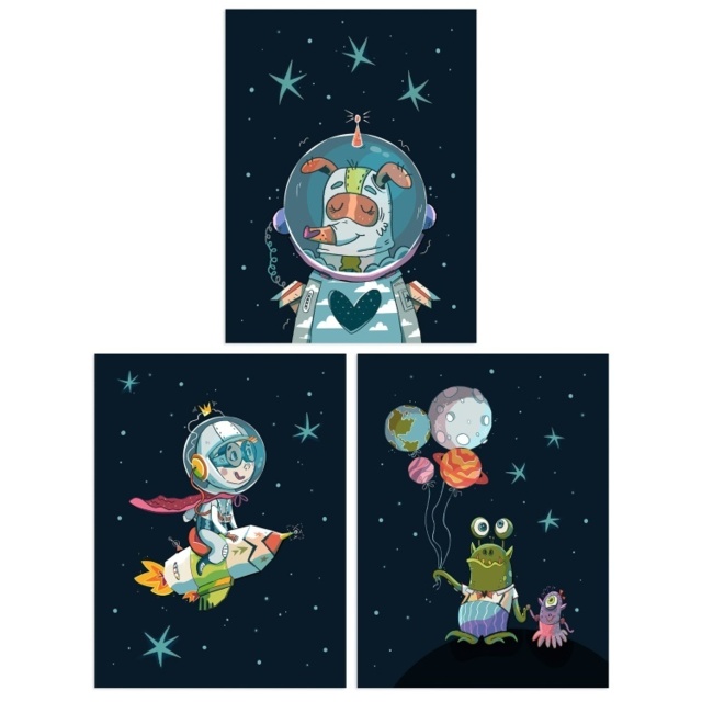 Set Of 3 Astronaut Boy Bedroom Pet Dog Aliens Fun Space Theme Colourful ...