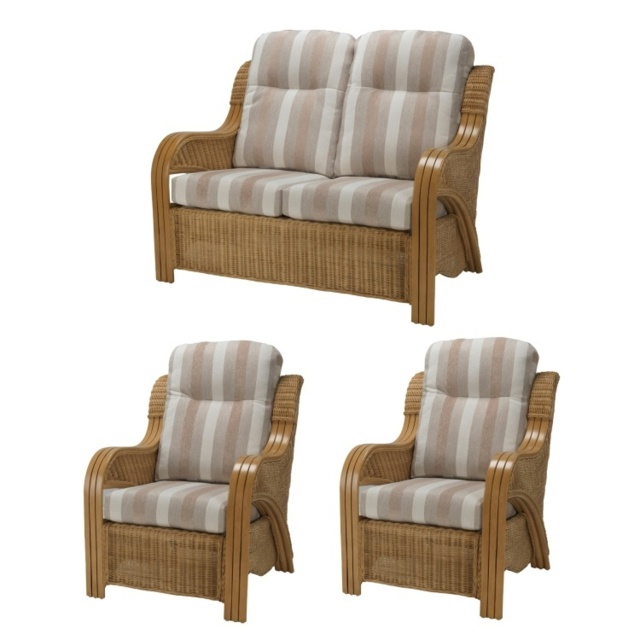 Desser Oslo Light Oak Rattan 2 Seater Sofa Set In Duke Beige Stripe ...