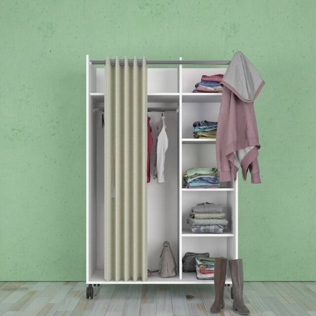 Uppsala Open Mobile Wardrobe Unit in White with a Beige Textile Curtain ...