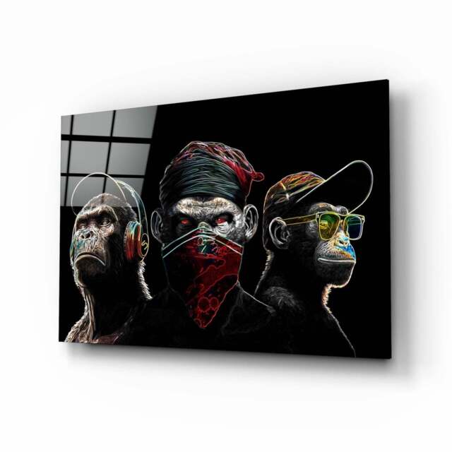 3 Wise Monkeys - Neon Lines Glass Wall Art -- Designer Collection ...