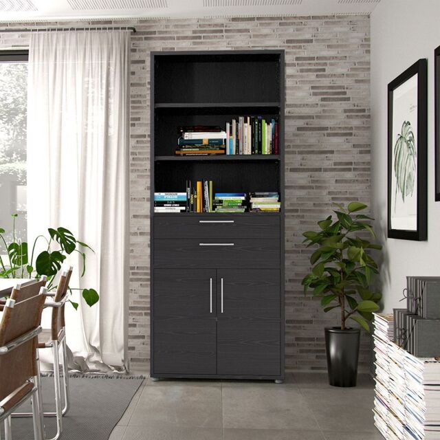 Prima Bookcase 3 Shelves with 2 Drawers 2 Doors - Black Woodgrain ...