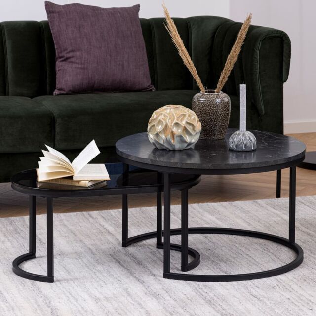 Spiro Round/Oval Coffee Table Set with Black Marble/Smoked Melamine ...