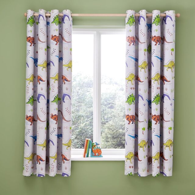 Catherine Lansfield Prehistoric Dinosaurs Fully Reversible Two Curtain Panels - Natural - That ...