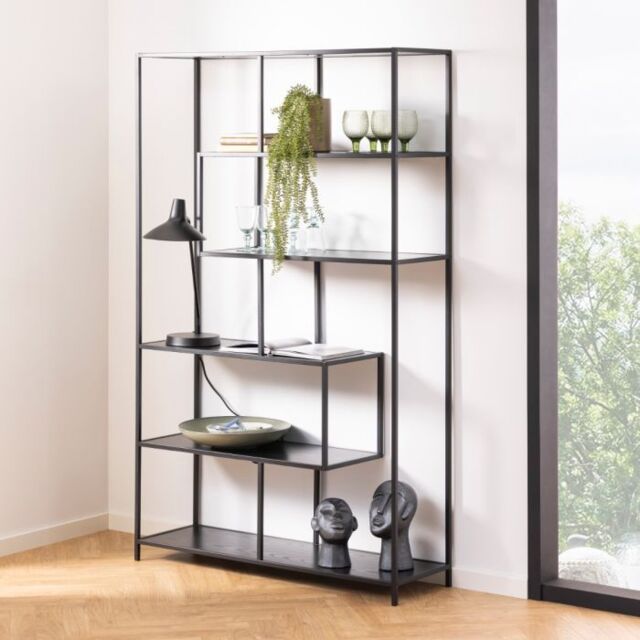 Seaford Black Metal Large Asymmetrical Bookcase with 5 Black Shelves ...