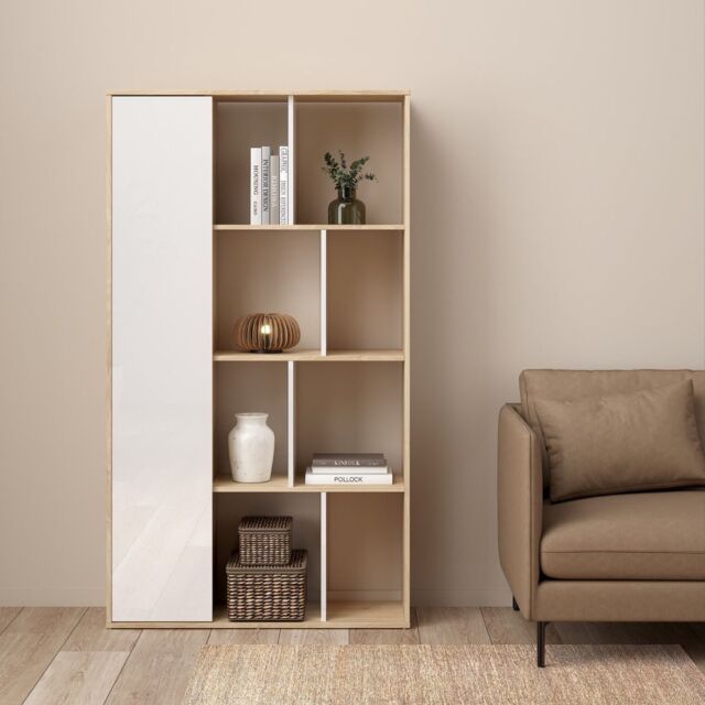 Maze Bookcase with 1 Door in Jackson Hickory and White High Gloss ...