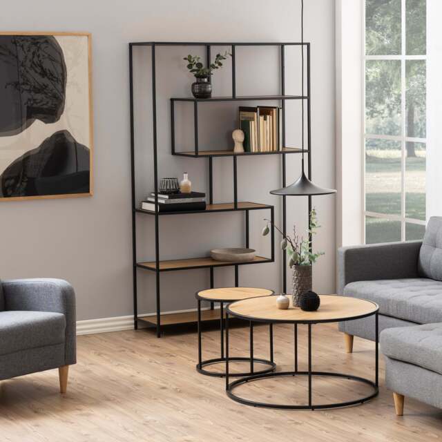 Seaford Black Metal Large Asymmetrical Bookcase with 5 Oak Shelves ...