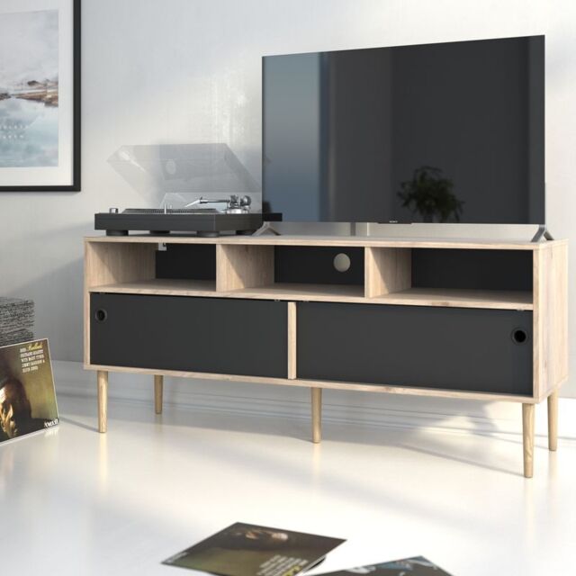Rome TV Unit 2 Sliding Doors in Jackson Hickory Oak and Matt Black ...