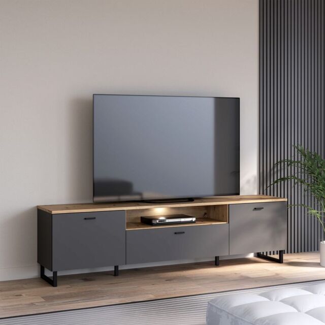 Klara TV Unit with 2 Drawers 1 Flip Door in Grey and Oak inc LED ...