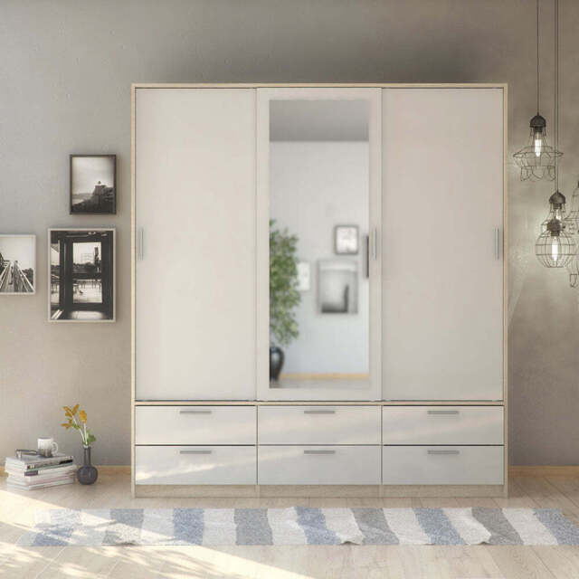 Line Wardrobe 3 Doors 6 Drawers in Oak with White High Gloss - - That ...