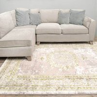 Grey Olive Green Distressed Traditional Medallion Bordered Area Rug ...