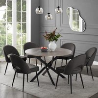 Dijon Round Concrete Effect Dining Table With Grey Velvet Chairs ...