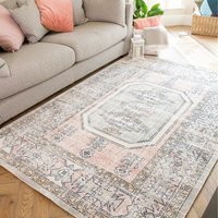 Blush Pink Grey Vintage Bordered Zero Pile Distressed Rug - Blush Pink ...