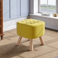 Linen Fabric Square Padded Footstool Footrest With Wooden Legs - Yellow ...