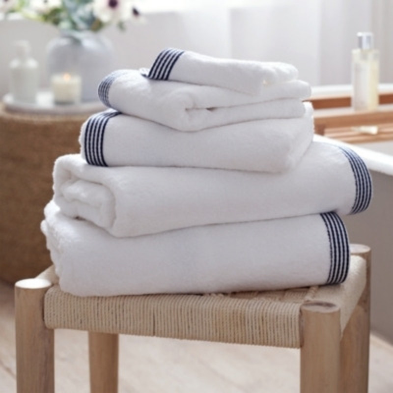 Luxurious Putty Stripe Border Bath Sheet in White/Navy Blue by The ...