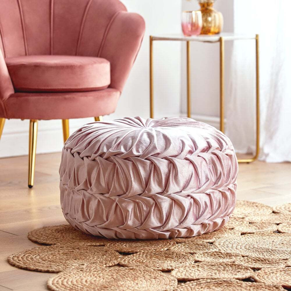 Pink Velvet Pintucked Pouffe by VonHaus | ufurnish.com