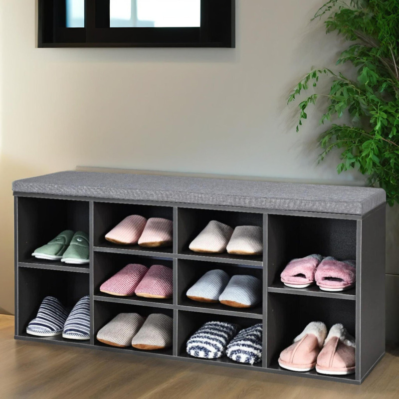 Wooden Shoe Storage Bench With Cushioned Seat 104CM Grey Shoe Organiser ...