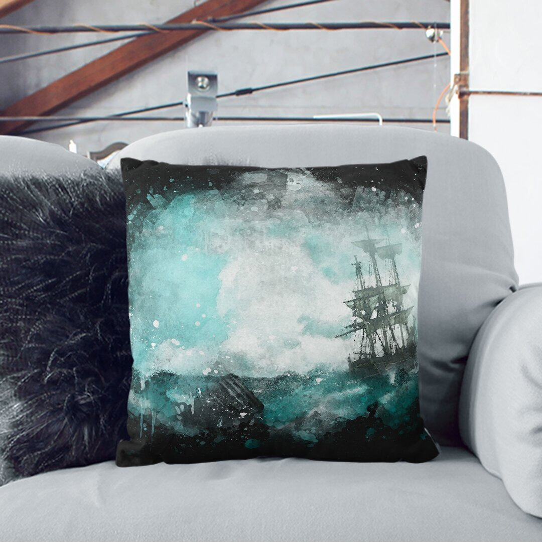 Pirate Ship Sailing upon a Stormy Sea Paint Splash Cushion with Filling ...