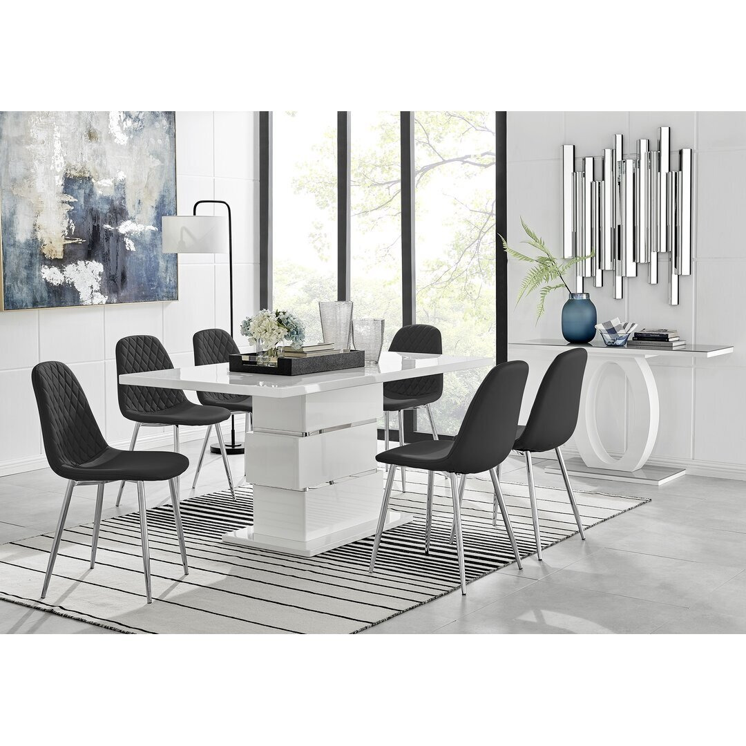 Corova Modern High Gloss Chrome Dining Table Set with 6 Luxury Faux ...