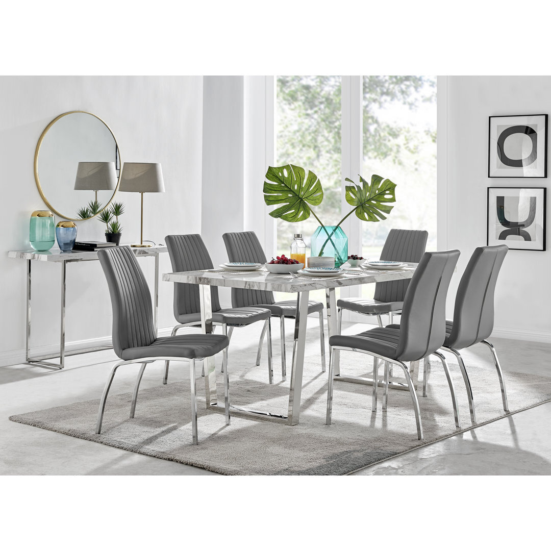 Kylooe Modern Marble Effect And Silver Dining Table Set With 6 Soft ...