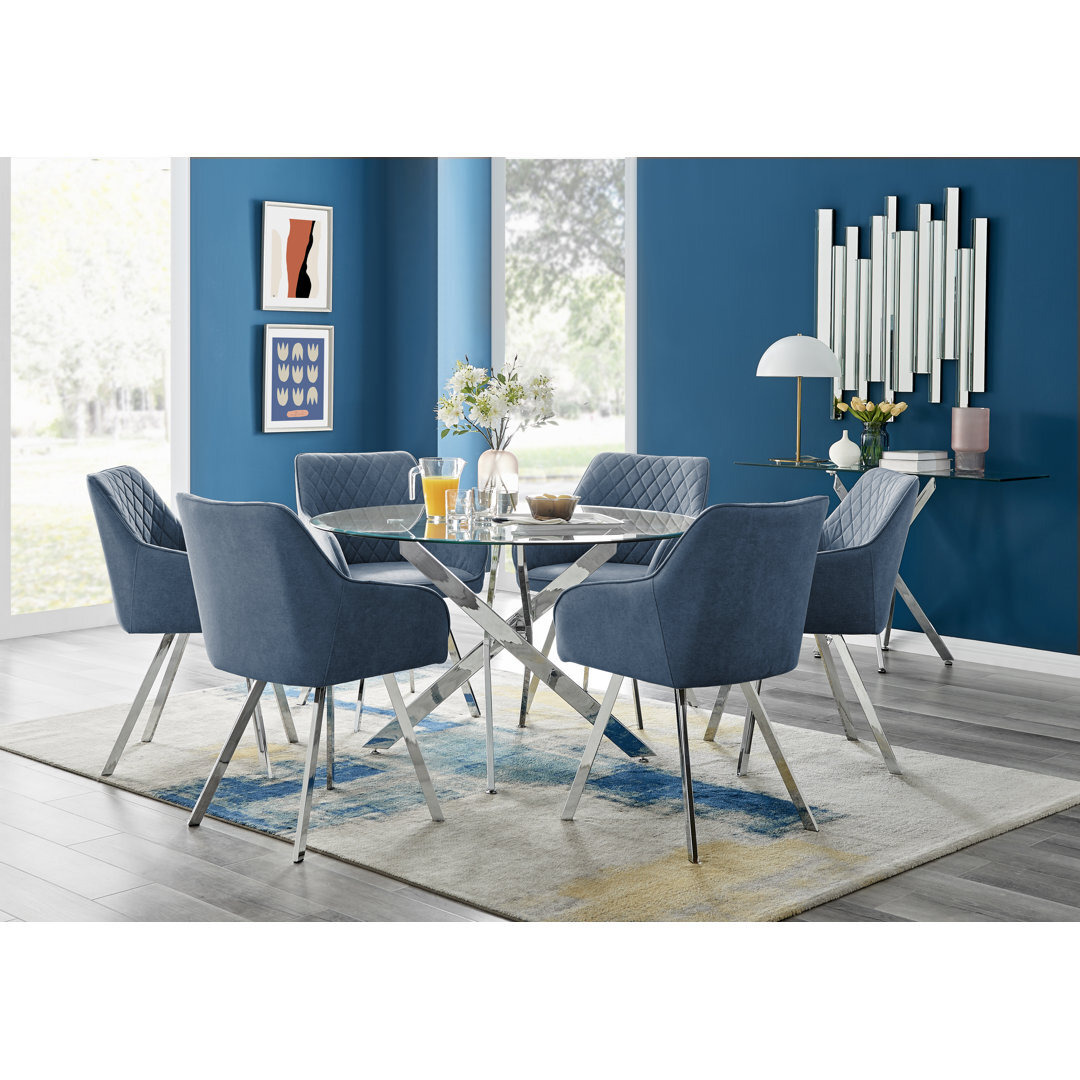 Novara 120Cm Round Glass Dining Table & 6 Blue Falun Silver Leg Chairs ...