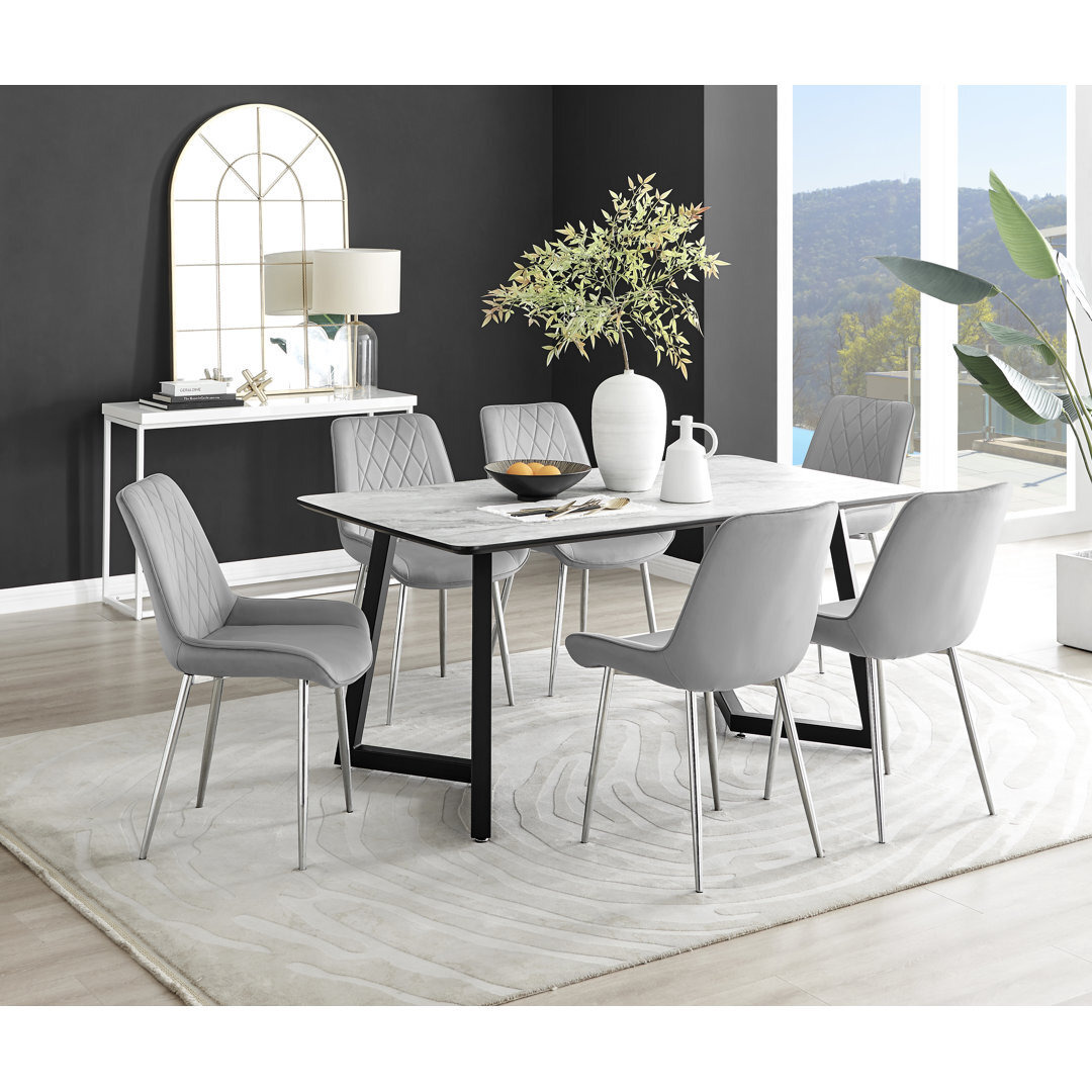 Industrial Design White Marble Effect Melamine Dining Table Set with 6 ...