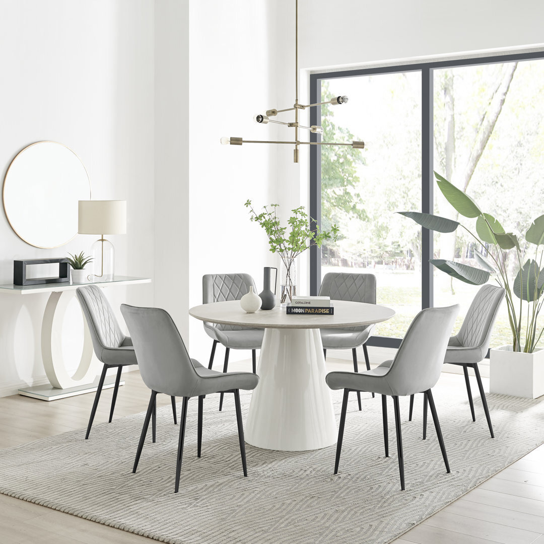 Edzard Statement 6 Person Round Dining Table Set in Luxury Stone Effect ...