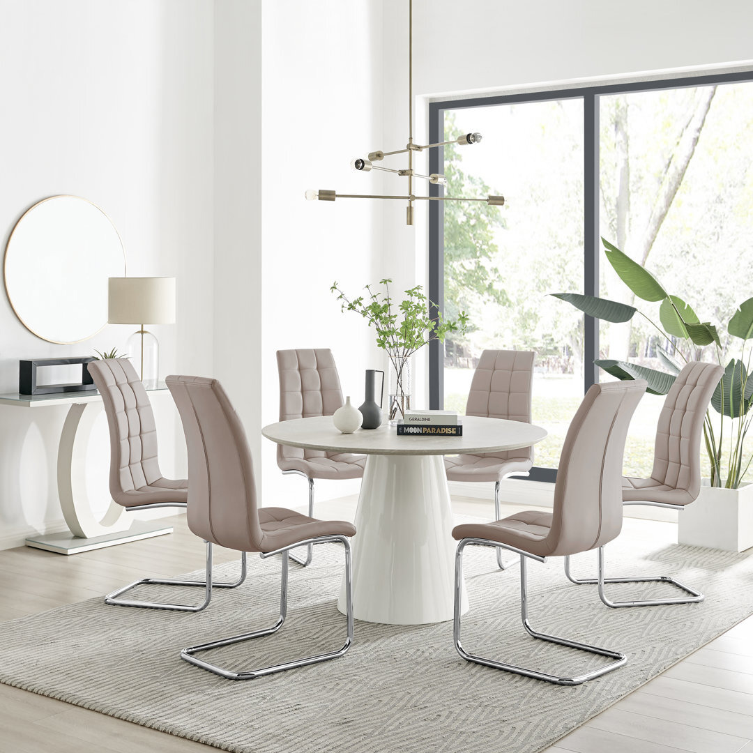 Edzard Statement 6 Person Round Dining Table Set in Luxury Beige Stone ...