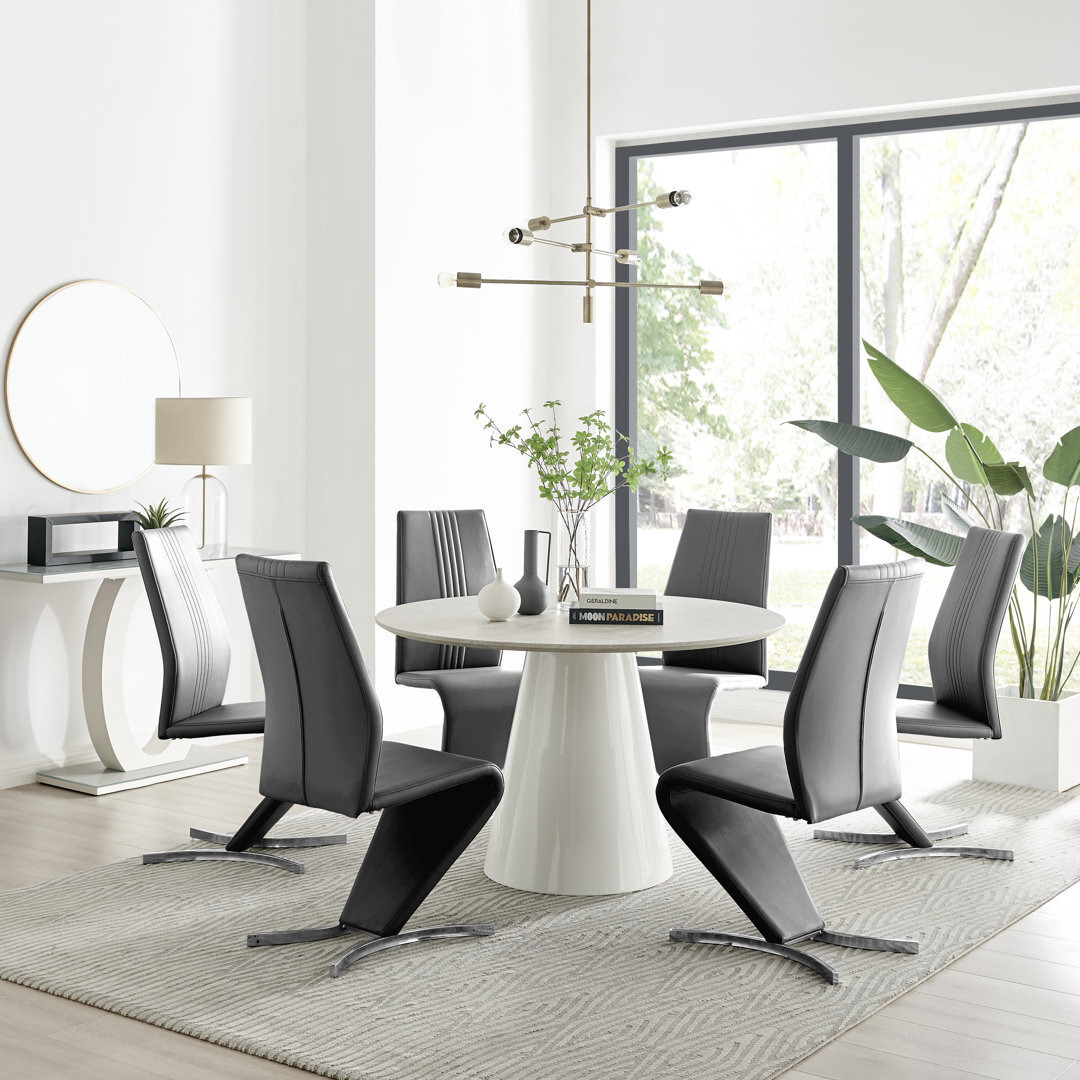 Edzard Statement 6 Person Round Dining Table Set in Luxury Beige Stone ...