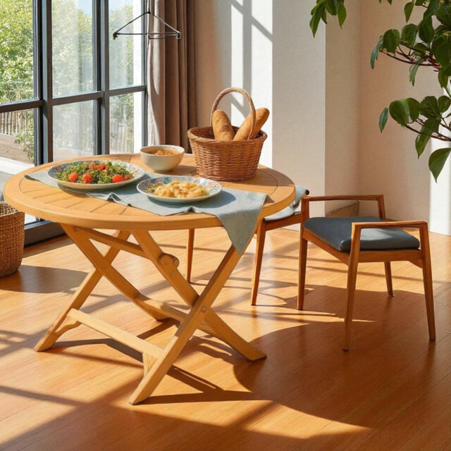 Stylish Janay Round 120cm Outdoor Dining Table – Folding Teak 6 ...