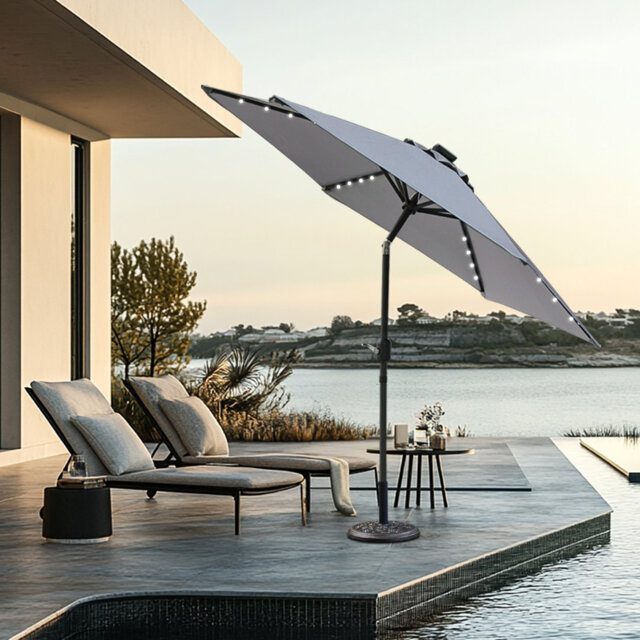2.5m Round Parasol Tilt Crank Garden Umbrella with LED Solar Lights and ...